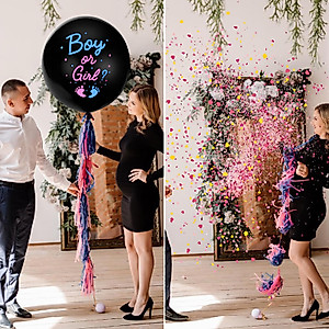 BLOOMWIN 2pcs Black Gender Reveal Balloons 36“ with Heart Confetti, Baby Boy and Girl Large Foil Balloons, Boy or Girl Gender Reveal Decorations Kit Baby Shower Pink and Blue