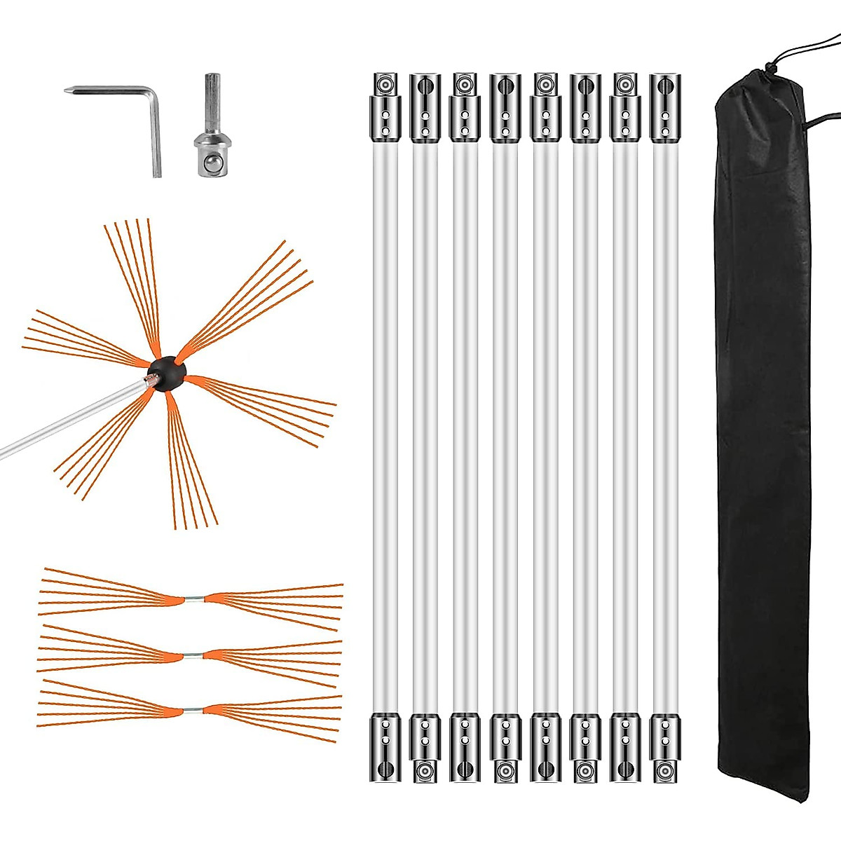 CLLVGOKD Chimney Sweep Kit 26FT Chrome Button Locking System Chimney Cleaning kit with 8 Reinforced Nylon Flexible Rods Snap Locking 45 Degree Angle Driven by Drill for Fireplace Flue Home Use