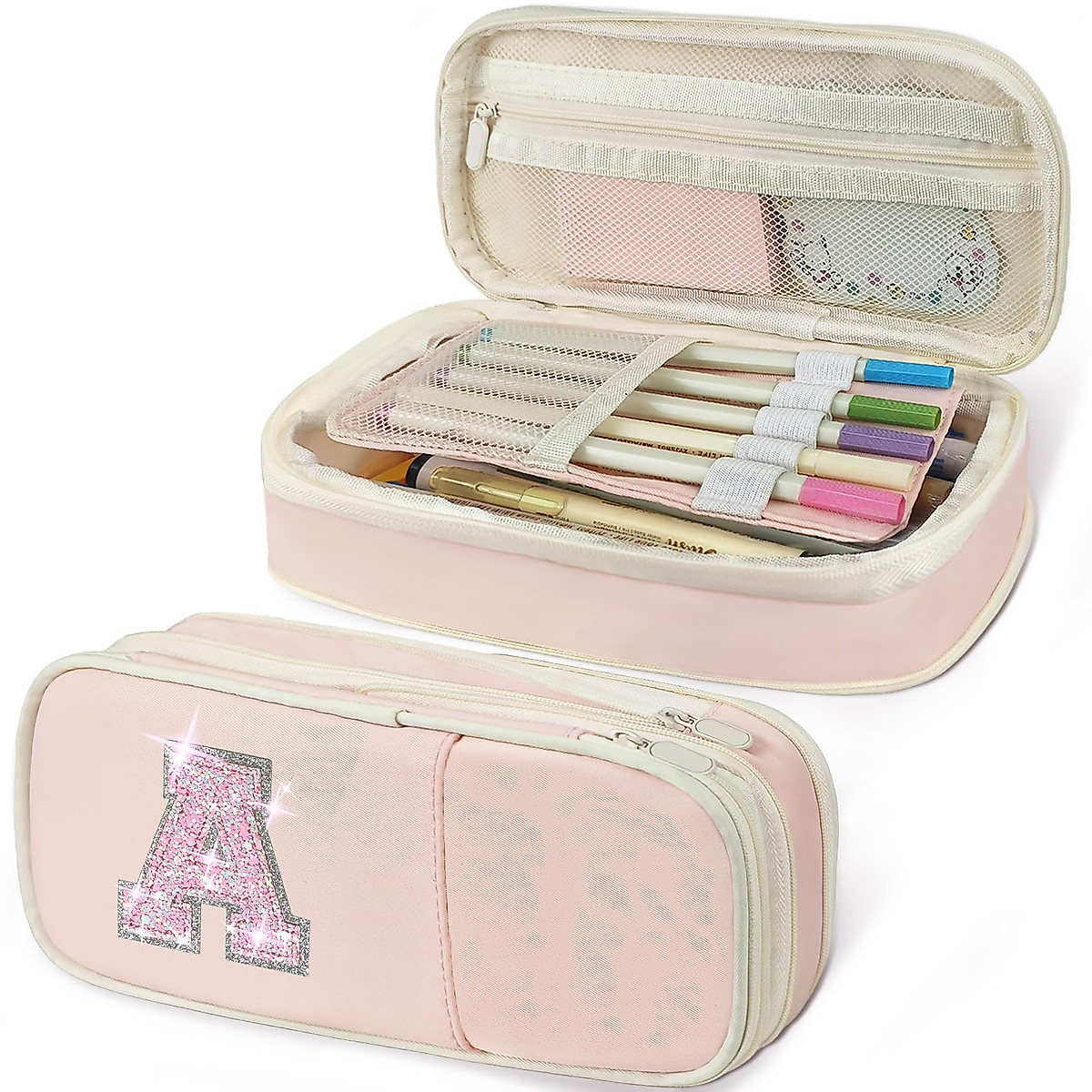 Janhavi Preppy Pencil Case for School Supplies, Initial Large Pink Penicl Case for Nursing Bag, Cute Pencil Pouch Bag for Office,Birthday Gifts for 6 7 8 9 10 11 12 13 Year Old Girls,-Pink A