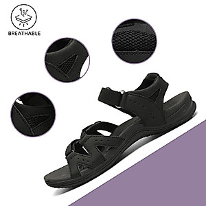 MEGNYA Women's Hiking Cushioned Sandals, Non Slip Walking Sandals for Adventure Black Size 8