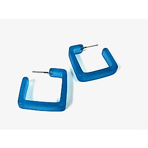 Aqua Blue Frosted Lucite Acrylic Square Hoop Earrings - SQH-BL-1