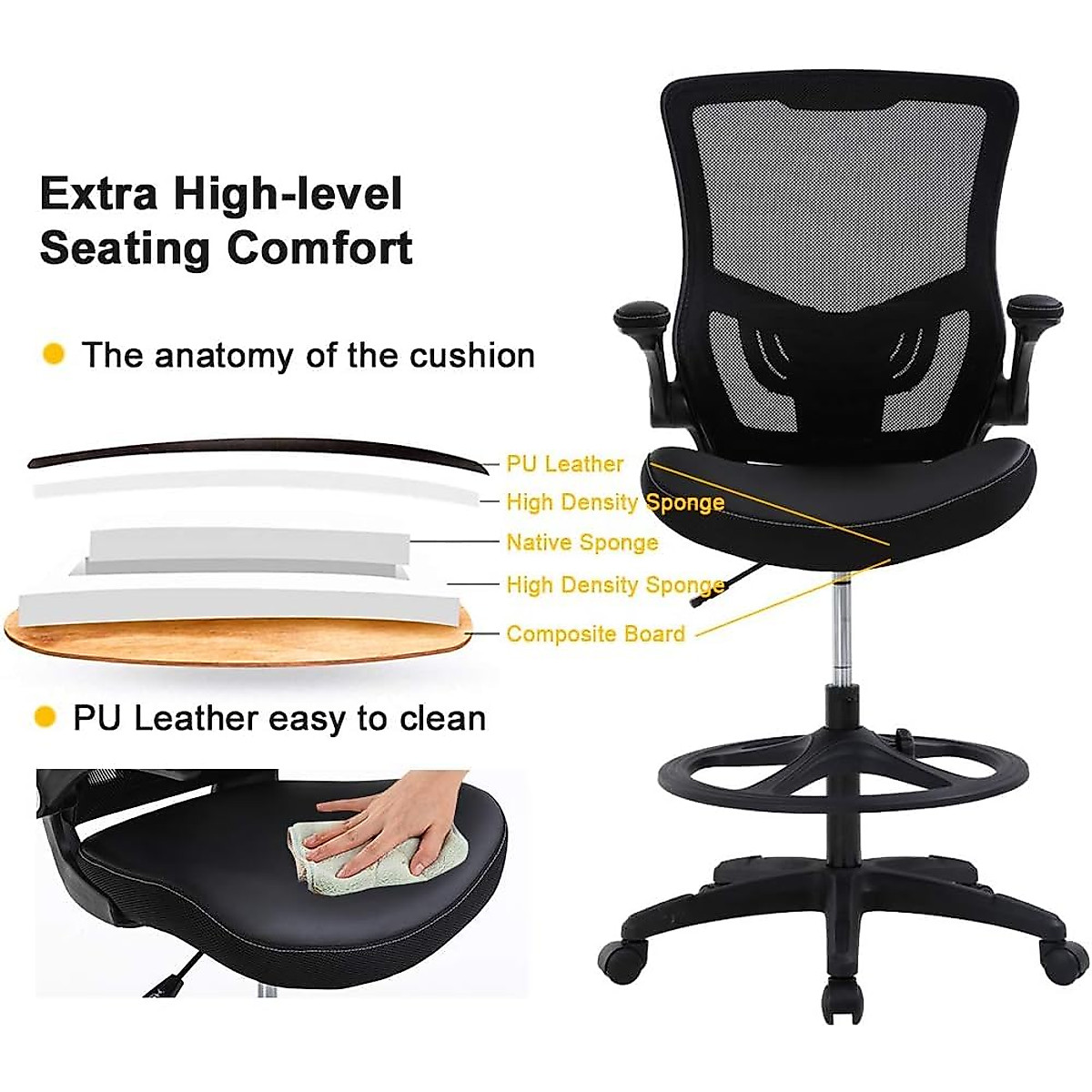 Drafting Chair Ergonomic Tall Office Chair Standing Desk Chair with Flip Up Arms Foot Rest Back Support Adjustable Height Mesh Drafting Stool, Black