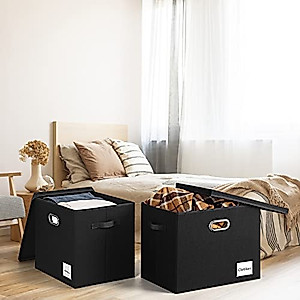 LHZK 4Pack Extra Large Storage Bins with Lids 16x12x12 Foldable Linen Fabric Storage Boxes with Lids, Decorative Fabric Storage Bins with Label & 3 Handles for Shelves Bedroom Home Office-Black,Beige
