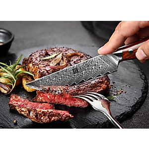 XINZUO Damascus Steel 4Pcs Steak Knife Set, 5 Inch Premium Dinner Knife Set Sharp Kitchen Table Knives -Straight Edge Blade -Triple Rivet -with Gift Box -Ergonomic Rosewood Handle-Yi Series