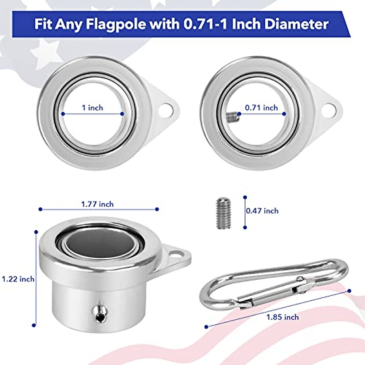FLAG WIN Aluminum Alloy Flagpole Ring Set with Bearings 2 Pack, Anti Wrap 360°Rotating Flag Mounting Ring Spinning Flag Pole Kit with Carabiner for 0.71-1.00 Inch Diameter Flagpole(Silver)
