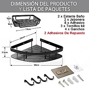 Corner Shower Caddy Black 2 Pack With 2 Soap Dishes, No Drilling Wall Mounted Shower Organizer With 4 Movable Hooks, Space Aluminum Rustproof Shower Shelf For Bathroom