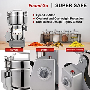 FoundGo 500g Grain Mill Electric Grinder Cereals Pulverizer Spice Grinding Powder Machine Corn Flour Grinders for Dry Spices Seeds Herbs Grains Coffee Rice Pepper, Commercial Grade