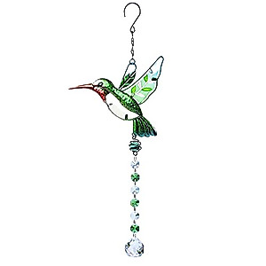 Stained Glass Hummingbird Window Hangings, Indoor Window Hanging Crystals Ornaments, Hanging Clear Crystals Ornament Decoration for Home, Garden, Office (Green)