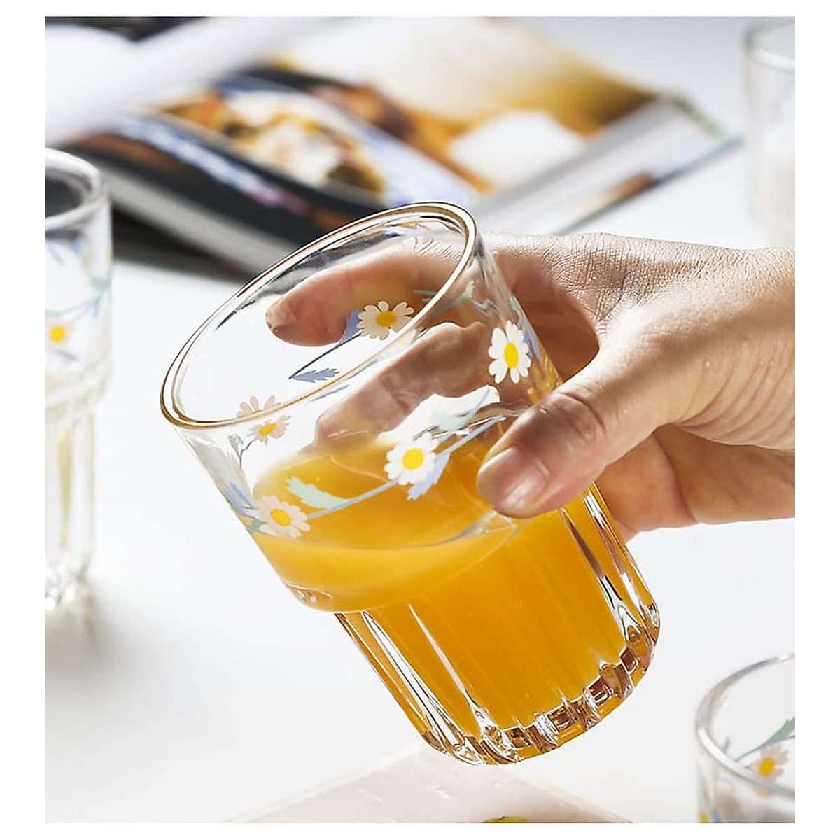 yaocoral Set of 2 Daisy Glass Coffee Cup Cute Drinking Glasses Stackable Daisy Glass Cups for Juice,Iced Coffee,Milk,Tea,Dessert,Flower Glassware Drinkware Set(blue)