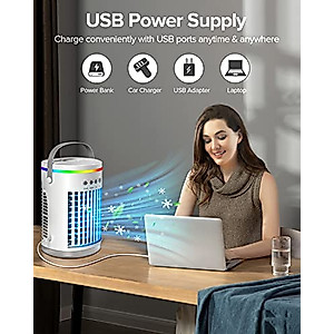 Portable Air Conditioners,ovolta 1400ml Evaporative Air Cooler 3 Speeds,USB Personal Air Conditioner with 7 LED Light,Portable AC Air Conditioner for Room Kitchen Office Desk Bedroom Camping (white)