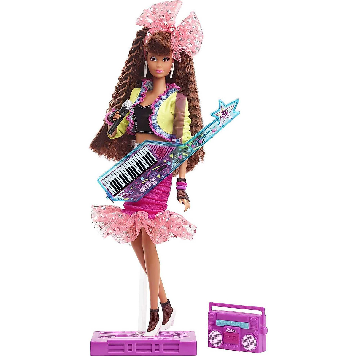 Barbie Rewind 80s Edition Dolls’ Night Out Doll (11.5-in Brunette) in Party Look Featuring Neon Jacket, Skirt & Accessories, with Cassette Tape Doll Stand, Gift for Collectors
