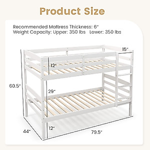 Giantex Bunk Bed Twin Over Twin, Solid Wood Detachable Bed Frame with High Guardrails & Integrated Ladder, Wooden Slatted Bunk Bed for Kids & Teens, No Box Spring Needed, White