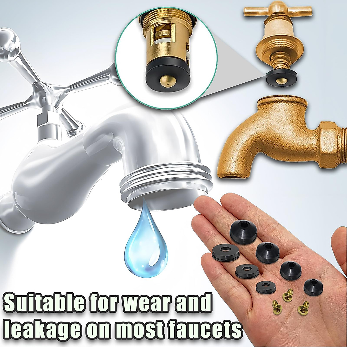 116 PCS Faucet Washer Assortment Kit Outdoor Faucet Repair Kit with Brass Screws Flat and Beveled Washers for Use with Assorted Quick-Opening Style Faucets Stem Worn Out Washer Replacements (116 PCS)