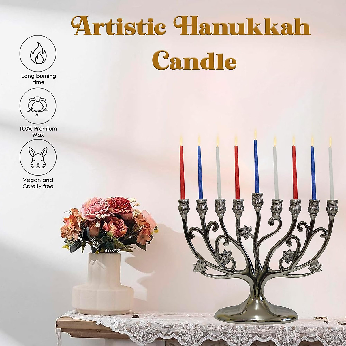 Majestic Giftware Multicolor Hanukkah Candles - CH-C | 4 Inches High 44 Dripless Handcrafted Chanukah Candles for All 8 Nights of Hanukkah (Red/Blue/Yellow/White)