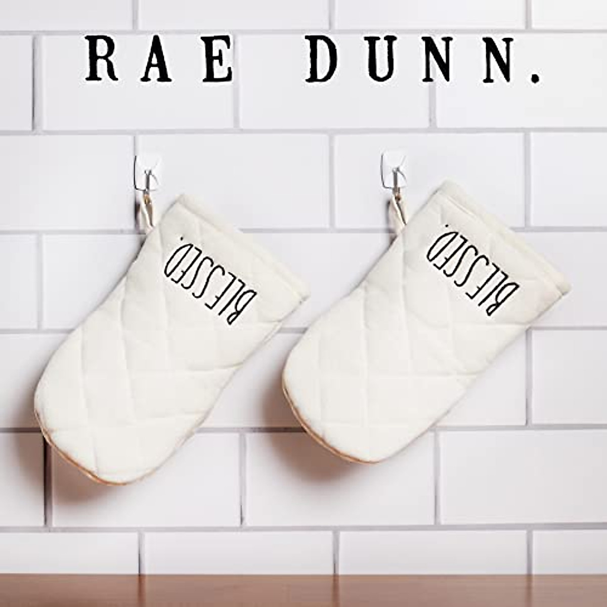 Rae Dunn Mini Oven Mitts Heat Resistant, Quilted Cooking Gloves for Cooking, Grilling, Baking, Kitchen Décor, Home Essentials, Blessed, Cream