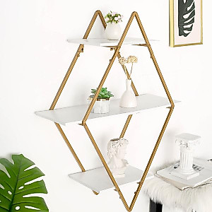 Efavormart 31" Geometric Diamond Shaped 3-Tier Gold Metal Dessert Cupcake Stand Rack, Wall Hanging Display Shelf Display, Book Shelf with White Wood Panels