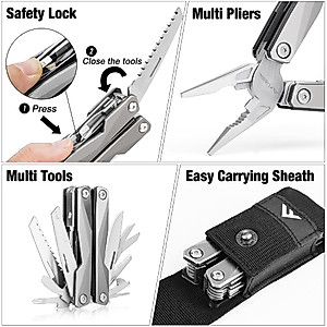 FLISSA Multitool, 16-in-1 Stainless Steel Multi Tool, EDC Multitool with Pocket Knife, Screwdriver, Pliers, Safety Locking and Sheath, Utility Multi-Tool for Camping Survival Outdoor Activities