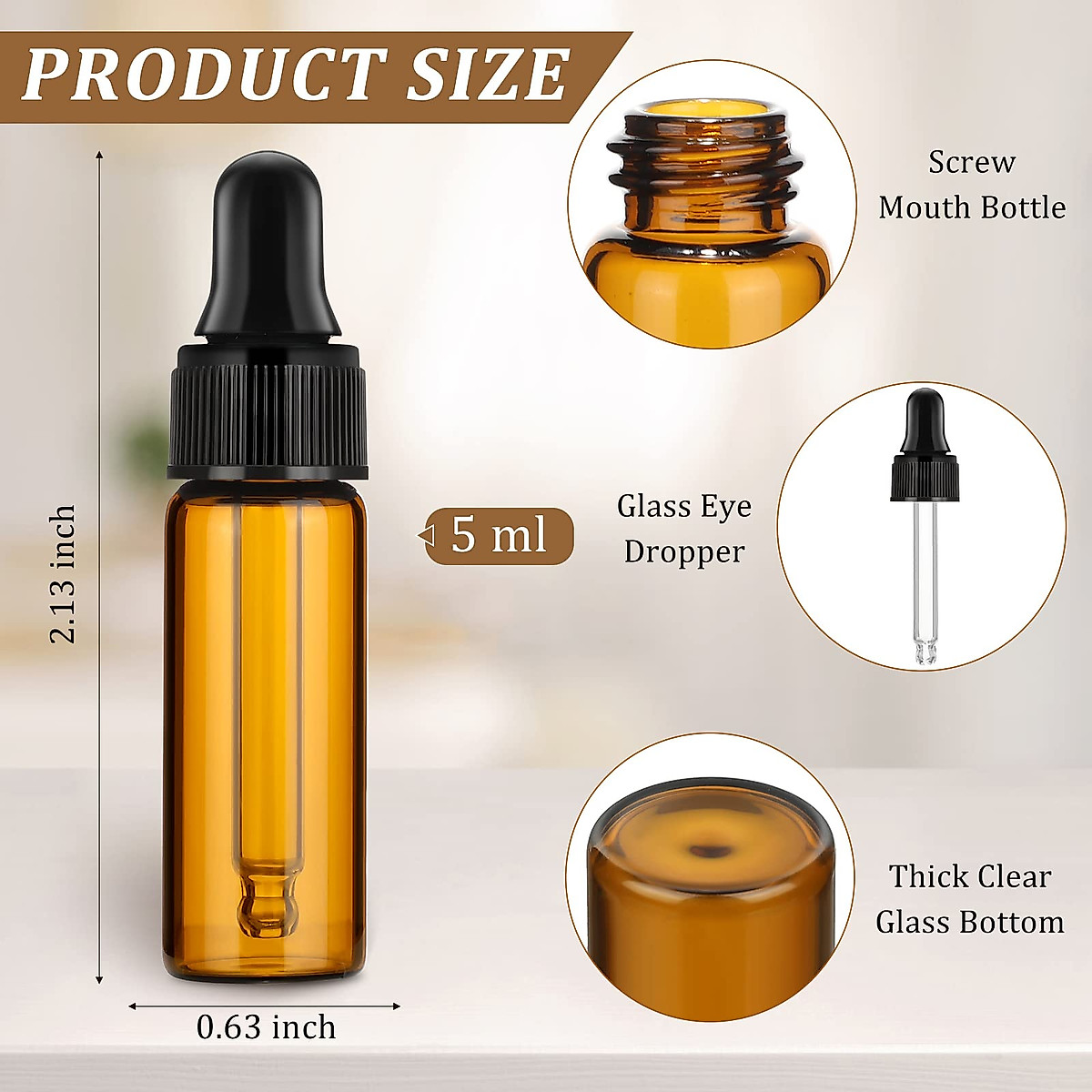 Bokon 100 Pcs Glass Dropping Bottles Mini Essential Oil Dropper Bottles Empty Sample Vials with Black Cap Tiny Storage Jars with Dropper for Perfumes Cosmetic Liquid Aromatherapy Lab (Amber,5 ml)