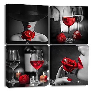 Adbykgto Red Rose Wine Glasses Wall Art Canvas Decor 12x12 4 Pieces Framed for Bedroom Decor Modern Red and Black Rose Women with Hat Painting Kitchen Pictures Home Decor