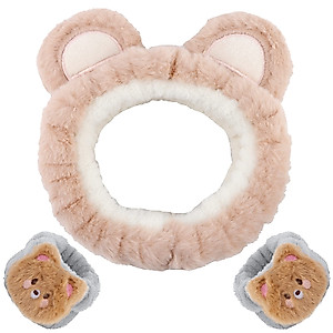 WHAVEL Hairband 3Pcs, Spa Headband and Wristband Set with Cute Bear Ears, Face Wash Headband Facial Headband Wrist Bands for Women, Girls (Coffee 01)