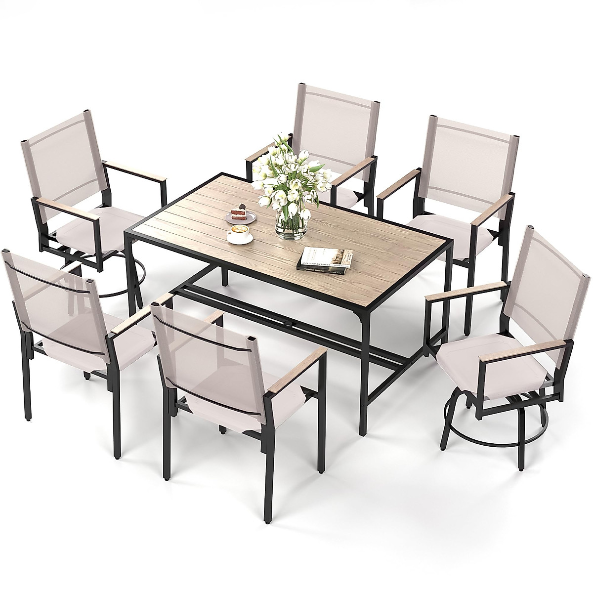COCLUB 7 Piece Patio Dining Set for 6 Outdoor Furniture Table and Chairs Set with 2 Swivel Chairs 4 Regular Textilene Chairs and 1 Large Table with Umbrella Hole for Yard Garden Lawn Porch & Poolside