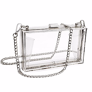 SharPlus Women Cute Clear Purse Acrylic Box Clutch Handbag, Transparent Crossbody Evening Bag Stadium Approved Silver Chain Strap