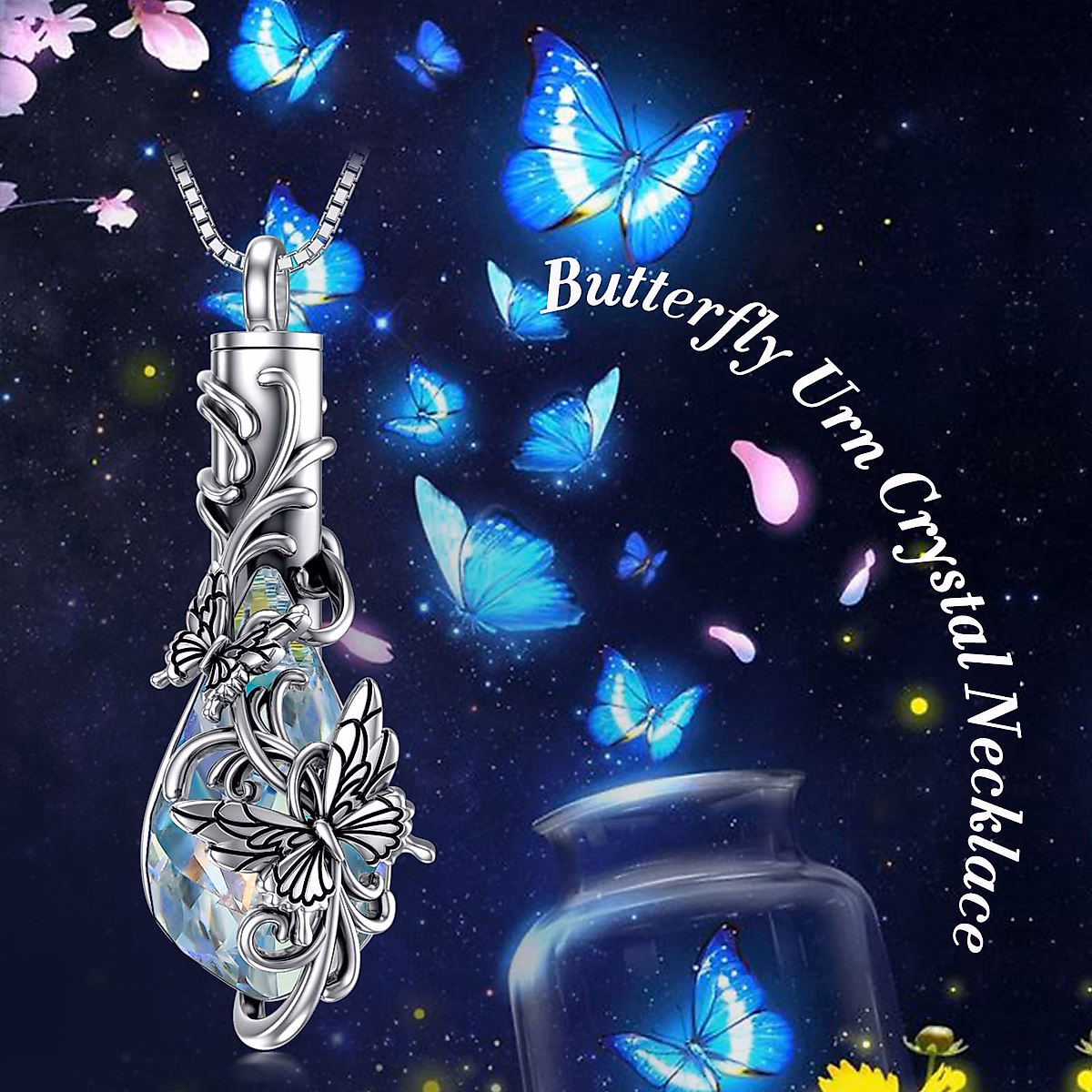PELOVNY Butterfly Urn Necklace for Ashes for Women 925 Sterling Silver Oxidation Crystal Teardrop Cremation Jewelry Memorial with Funnel Filler
