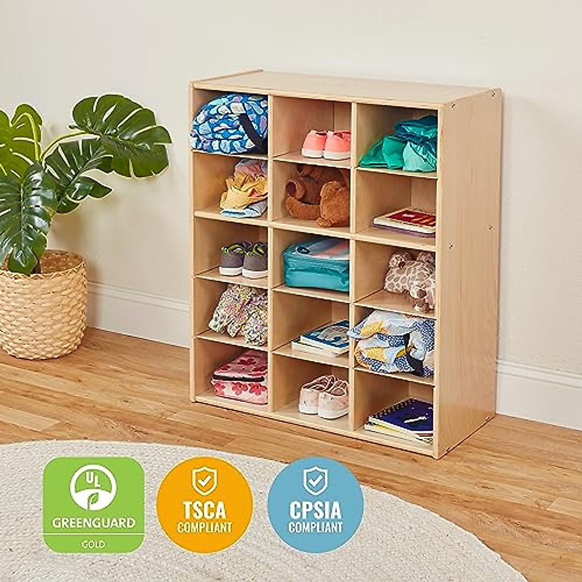 ECR4Kids Streamline 15 Cubby Tray Storage Cabinet, 5x3, Classroom Furniture, Natural