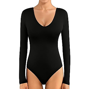 MANGOPOP Plunge V Neck Long Sleeve Body suits for Womens Sexy Bodysuit Going Out Tops (Black, Medium)