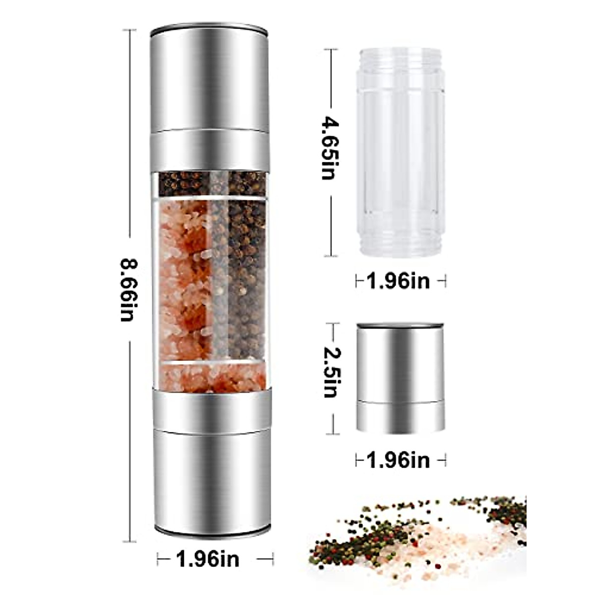 Gulex® Salt and Pepper Grinder Set, 2 in 1 Salt Mill and Pepper Mill with 5 Level Adjustable Coarseness, Stainless Steel Salt and Pepper Grinder Refillable for Kitchen (2 in 1)