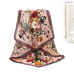 CHLINS 27 Inches Silk Feeling Square Head Scarf - 4 Pcs Satin Square Head Scarves for Women Hair Bandanas Head Kerchief Sleeping Wrap Neckerchief(Black+Grey+Coffee+Green)