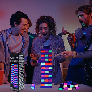 Drinking Games for Adults Party, Black Light Tumble Tower -Glowing Drinking Games Suitable for Day Or Night, 54 Blocks with Hilarious Drinking Commands, Stacking Games for adults party