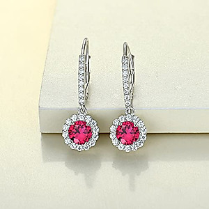 YL Women's Dangle Drop Earrings Sterling Silver Round Halo Solitaire Leverback Earrings Created Ruby Jewelry Gifts