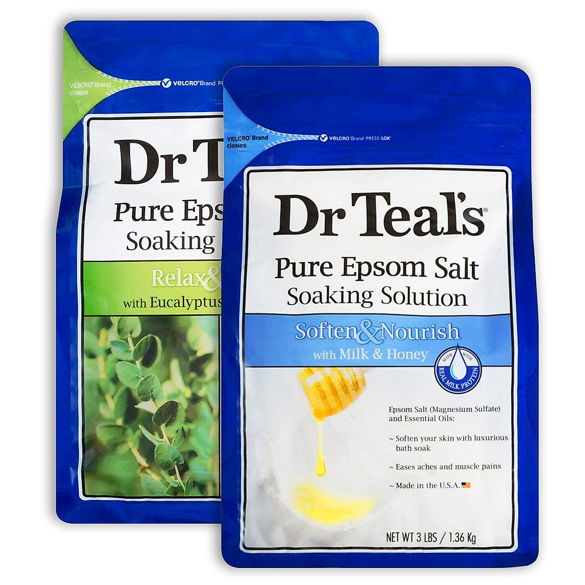 Dr Teal's Epsom Salt Bath Variety Gift Set (2 Pack, 3lb Ea.) - Relax & Relief Eucalyptus & Spearmint, Soften & Nourish Milk & Honey - Essential Oils Blended with Pure Epsom Salt Eases Pain & Stress