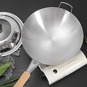 DOITOOL 1pc Stainless Steel Wok with Wood Handle Traditional Hand Hammered Carbon Steel Pow Wok Practical Wok Kitchen Utensil (Silver)