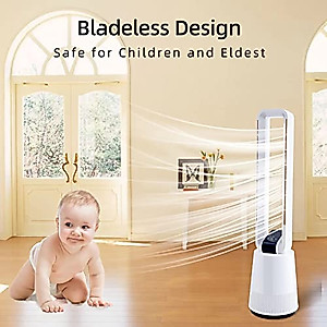 HealSmart 38 inch Bladeless Fan, 3 Speeds & 15 Hours Timer Tower Fan, with Remote Control, Air Circulator Fan for Room, White