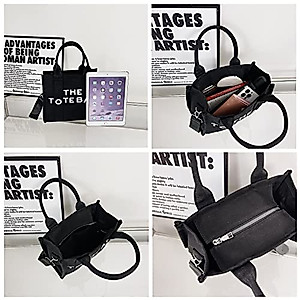 JQAliMOVV Canvas Tote Bag for Women - Mini Travel Tote Bag Purse with Zipper Fashion Shoulder Crossbody Bag Handbag (Black)