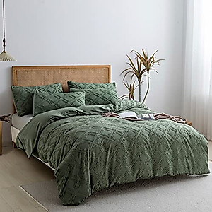 JELLYMONI Green Duvet Cover Twin Size - 3 PCS Microfiber Tufted Duvet Cover Set, Boho Textured Duvet Cover Jacquard Rhombus Geometric Pattern Duvet Cover with Corner Ties & Zipper Closure