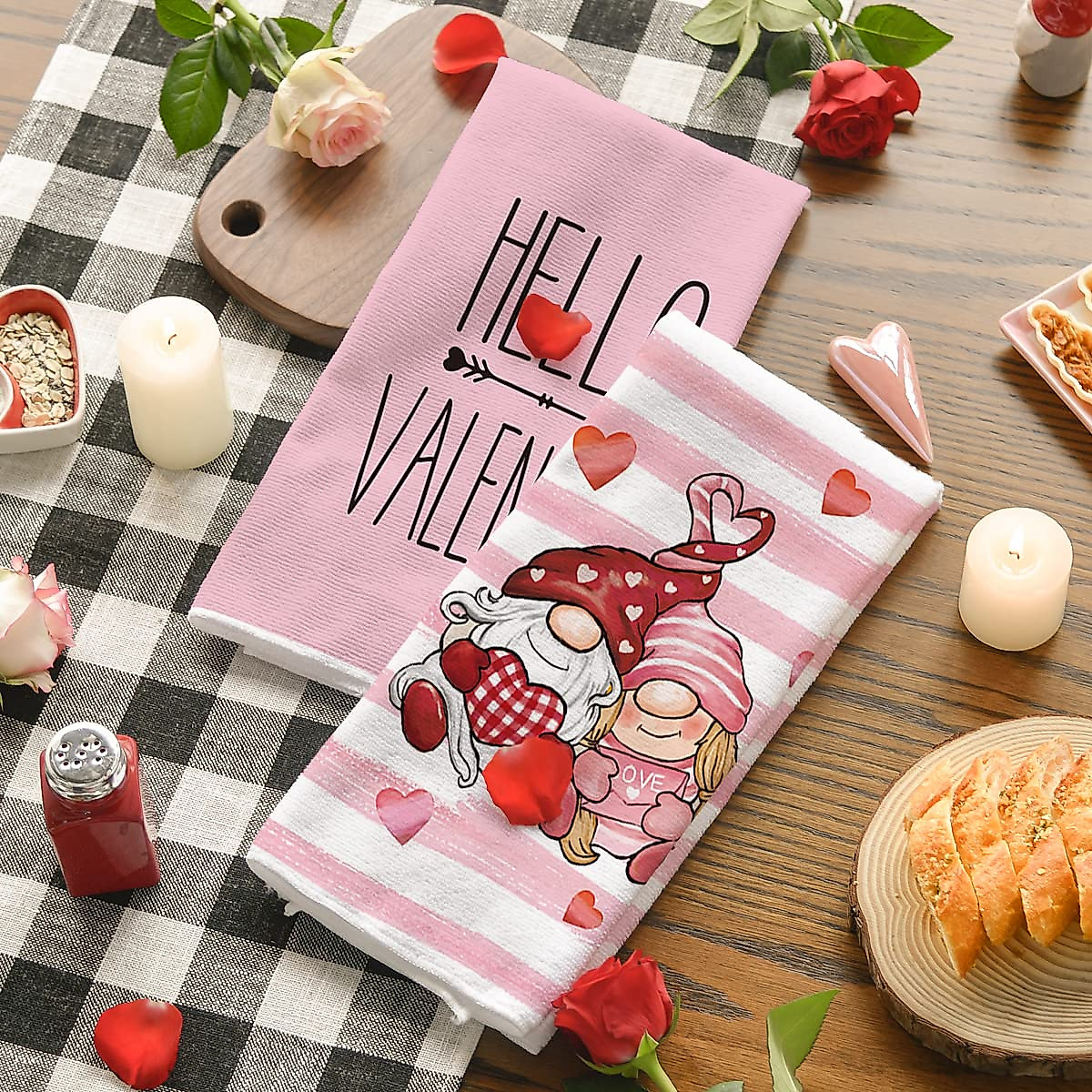 Artoid Mode Pink Stripes Gnomes Happy Valentine Kitchen Towels Dish Towels, 18x26 Inch Seasonal Valentine's Day Decoration Hand Towels Set of 2