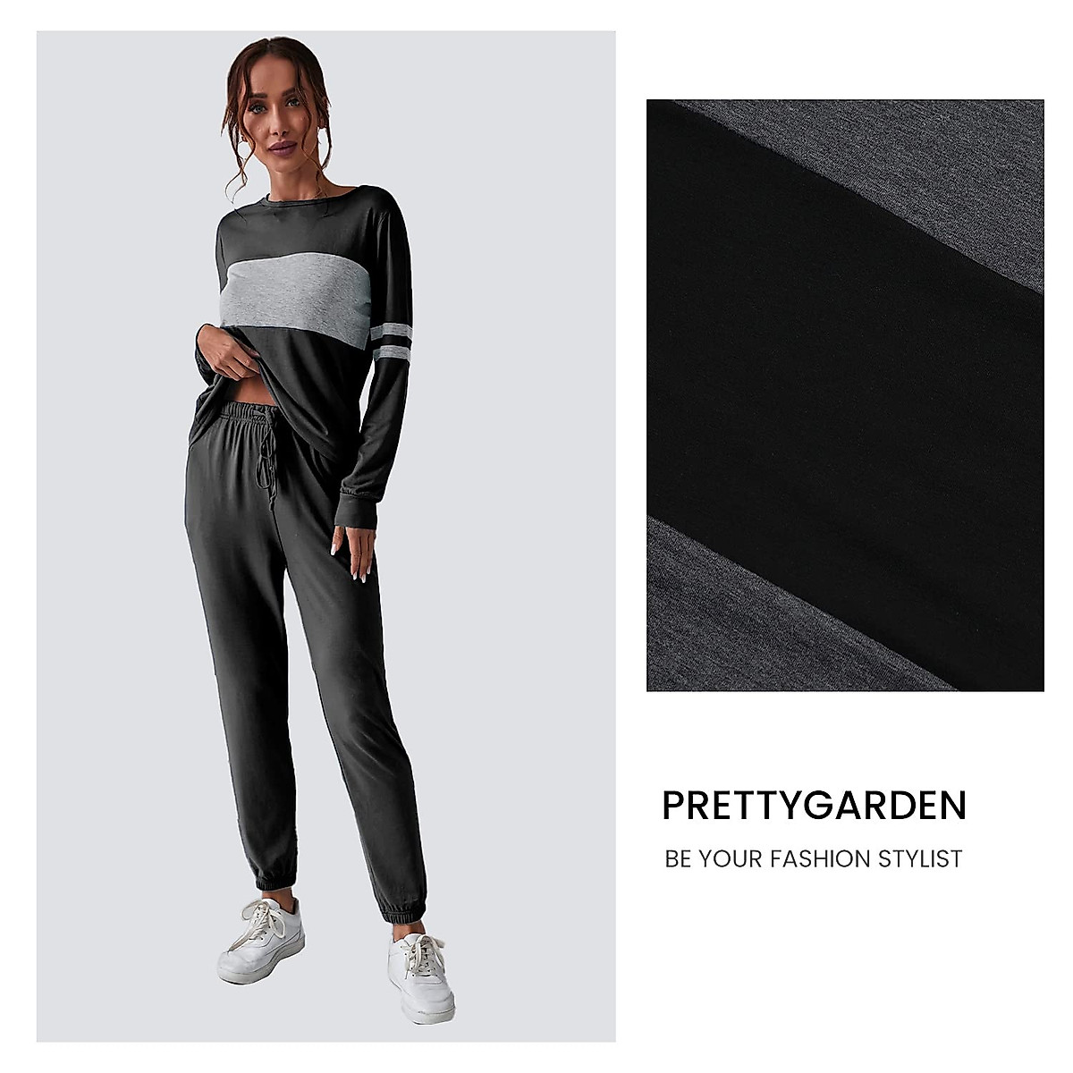 PRETTYGARDEN Women's Color Block 2 Piece Tracksuit Crewneck Long Sleeve Tops Long Sweatpants Outfits Lounge Sets(Dark Grey,Medium)