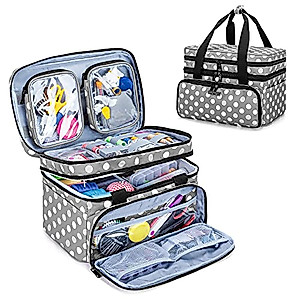 BAFASO Double Layer Sewing Accessories Organizer with 2 Detachable Pouches, Large Sewing Storage Bag for Sewing Tools, Polka Dots