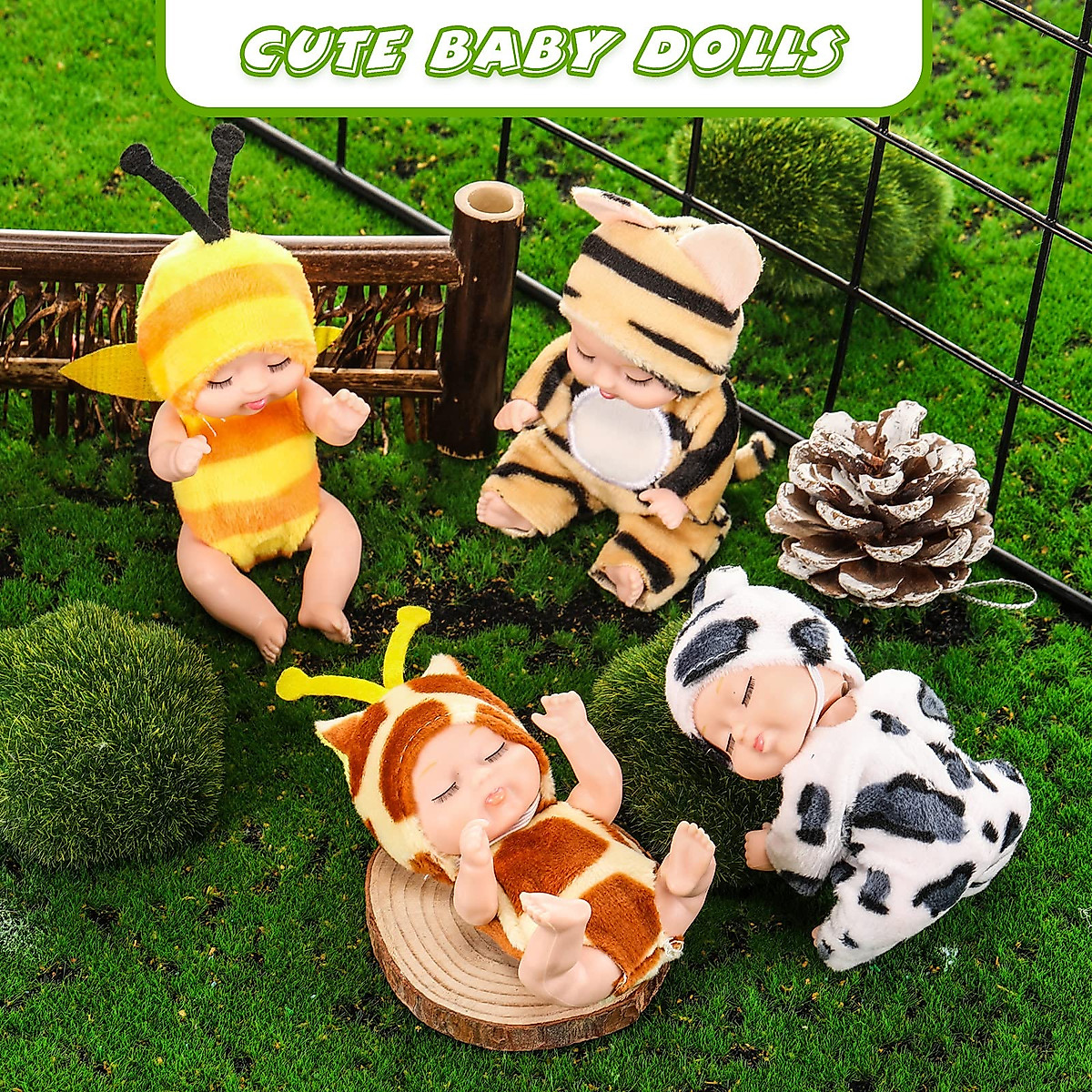 Hanaive 4 Pcs 4 Inch Mini Baby Dolls Lifelike Realistic Baby Dolls Animal Clothes Cute Tiny Babies Gifts for Kids Birthday Baby Shower (Print Style)
