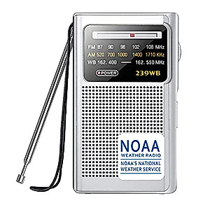 Greadio NOAA Weather Radio, AM/FM Battery Operated Transistor Portable Radio with Best Reception,Stereo Earphone Jack,Powered by 2 AA Battery for Emergency,Hurricane,Running, Walking,Home (Silver)