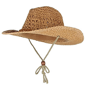 EOZY Women Men Straw Hat Hallow Out Cowboy Cowgirls Sun Hat Braided Paper Western Style Beach Sun Hat with Chin Strap/Khaki