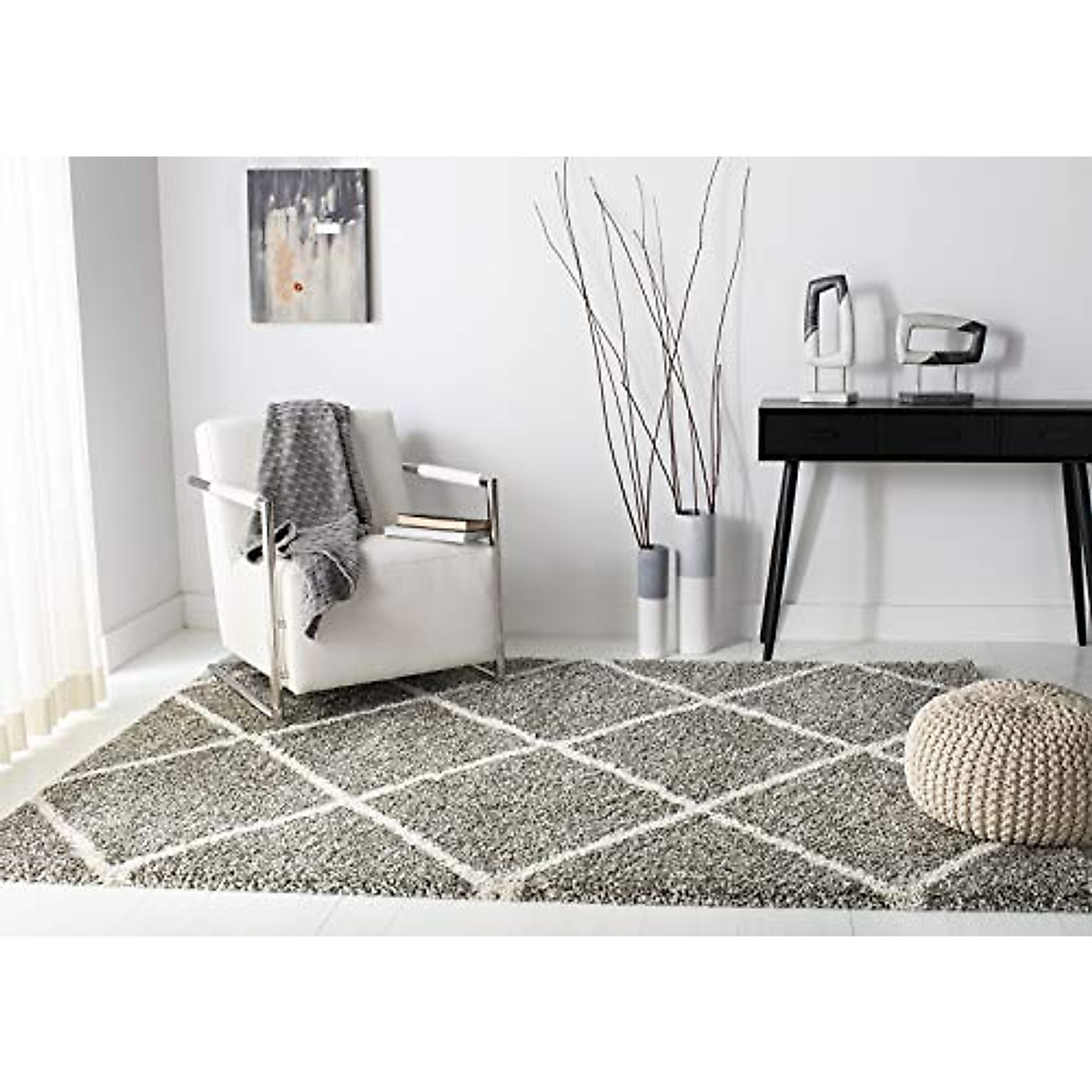 SAFAVIEH Hudson Shag Collection Area Rug - 8' x 10', Grey & Ivory, Modern Trellis Design, Non-Shedding & Easy Care, 2-inch Thick Ideal for High Traffic Areas in Living Room, Bedroom (SGH281B)