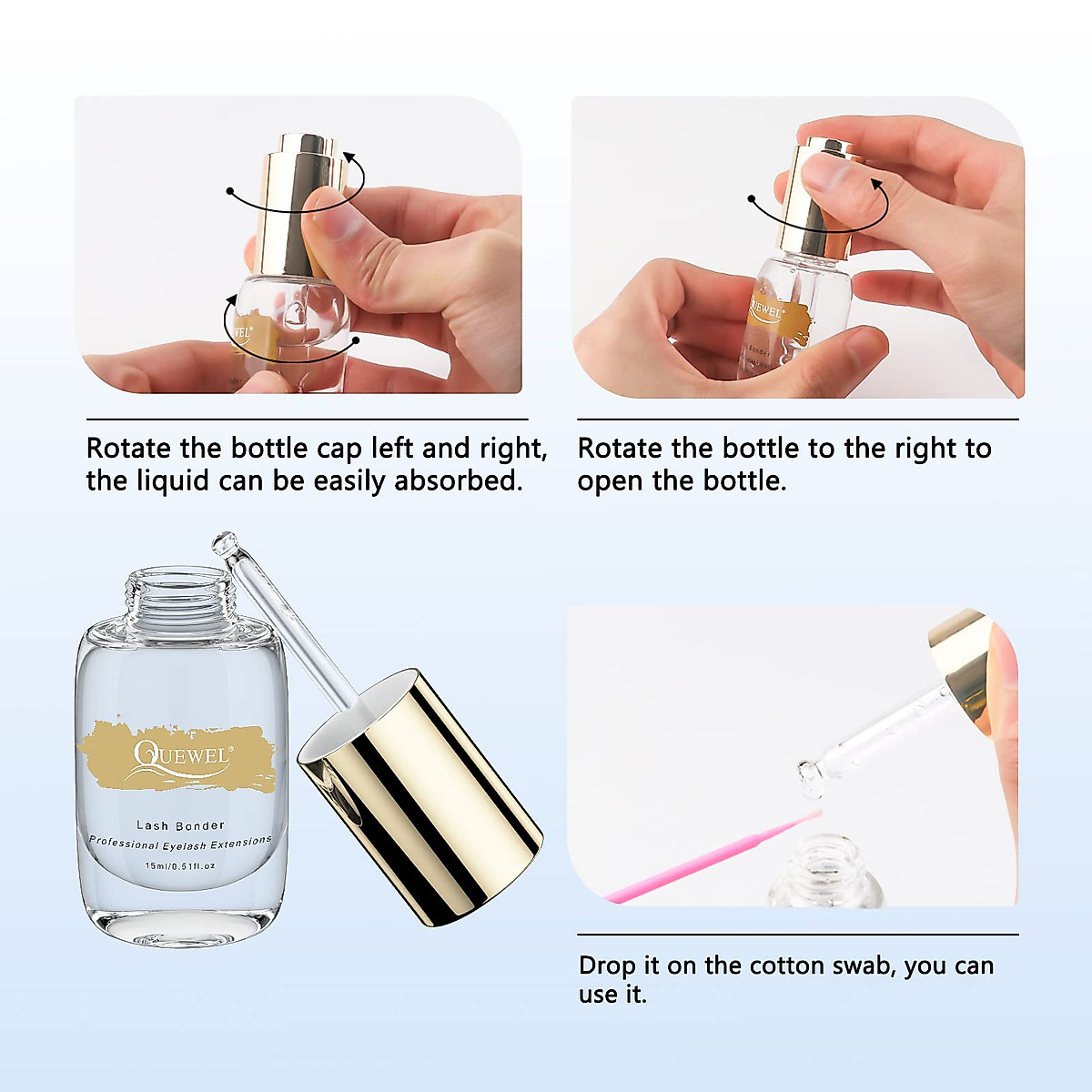 QUEWEL Lash Bonder for Eyelash Extensions 15mL Eyelash Extension Bonder Low Irritation Professional Super Bonder for Lash Extensions Help Glue Bond Better Enhances Retention Water Oil Proof