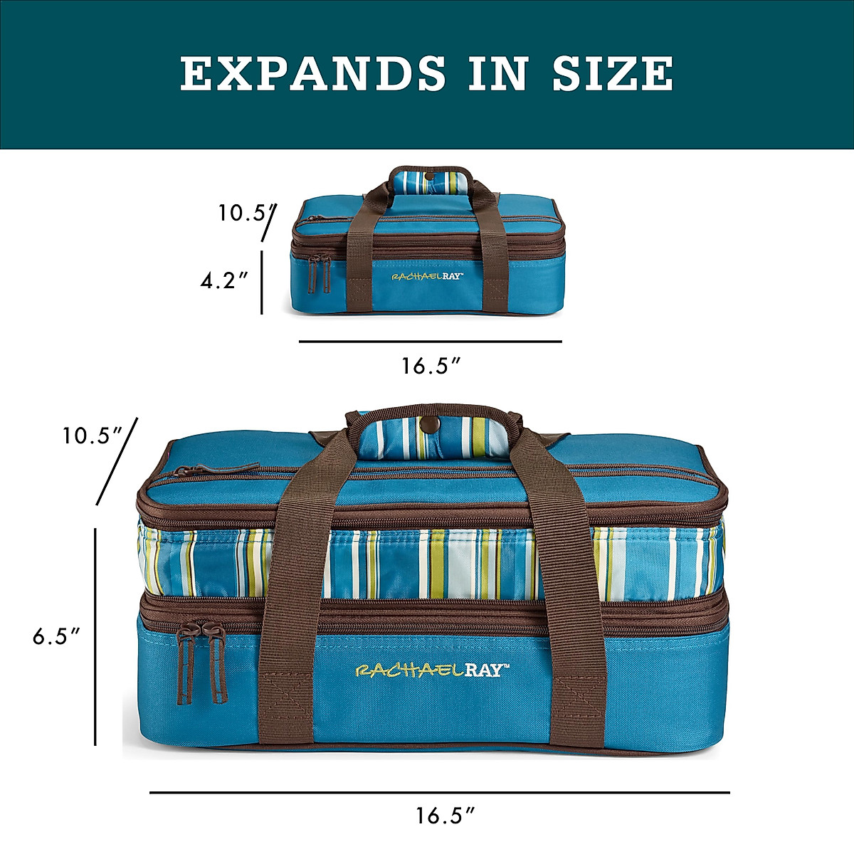 Rachael Ray Expandable Insulated Casserole Carrier for Hot or Cold Food, Thermal Lasanga Lugger Tote for Pockluck, Parties, Picnic, and Cookouts, Fits 9" x 13" Baking Dish, Marine Blue Stripe