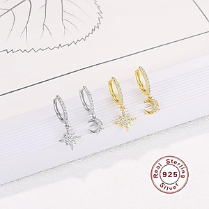 Moon Star Hoop Dangle Earrings for Women, Small Huggie Hoop Earring with Cubic Zirconia Charm for Teen Girls in Sterling Silver (Silver)