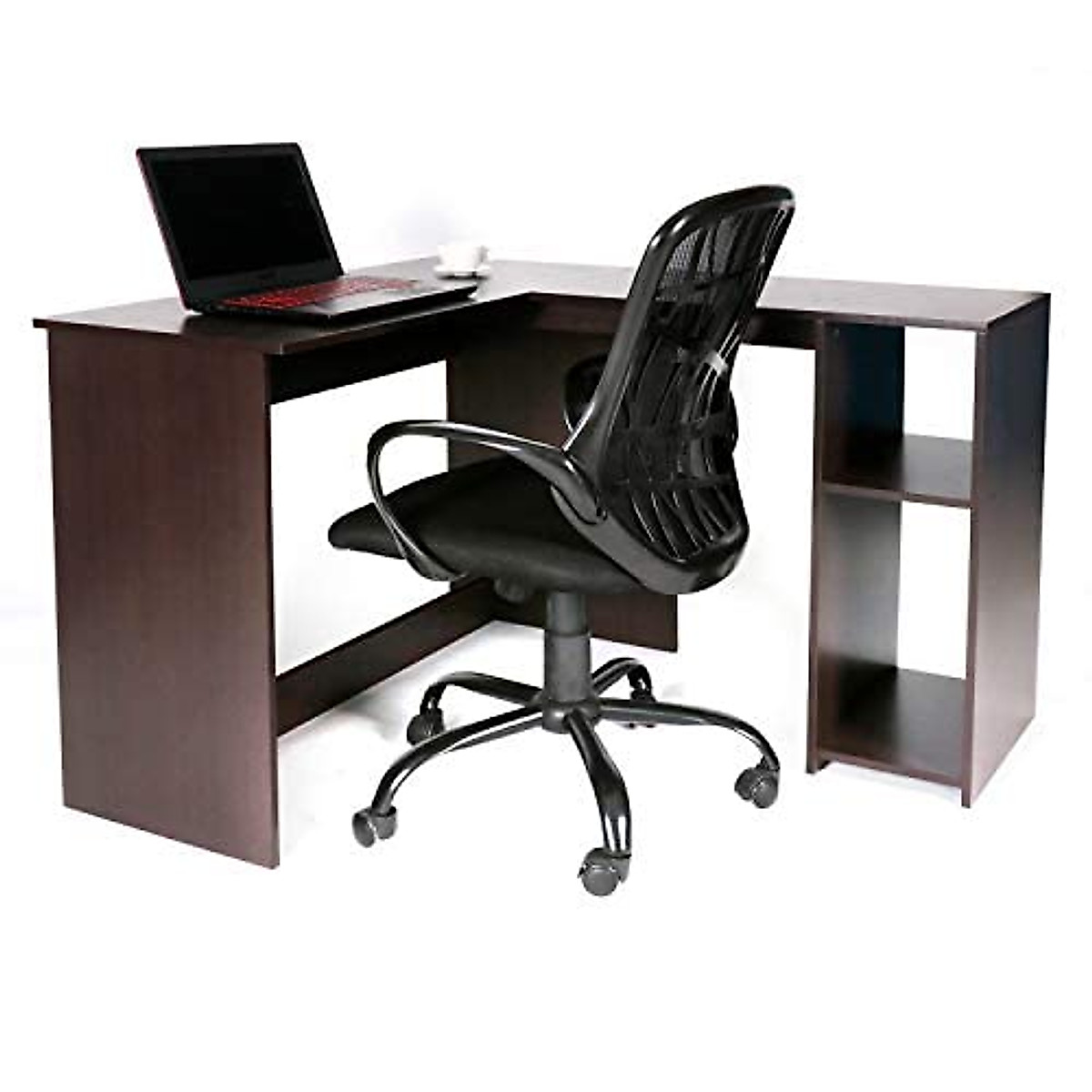 FurnitureR Computer Desk with Bookshelf Industrial Style Study Table Computer Gaming Desk with Storage, Wooden L-Shaped Corner Desk Save Space for Home Office, Brown