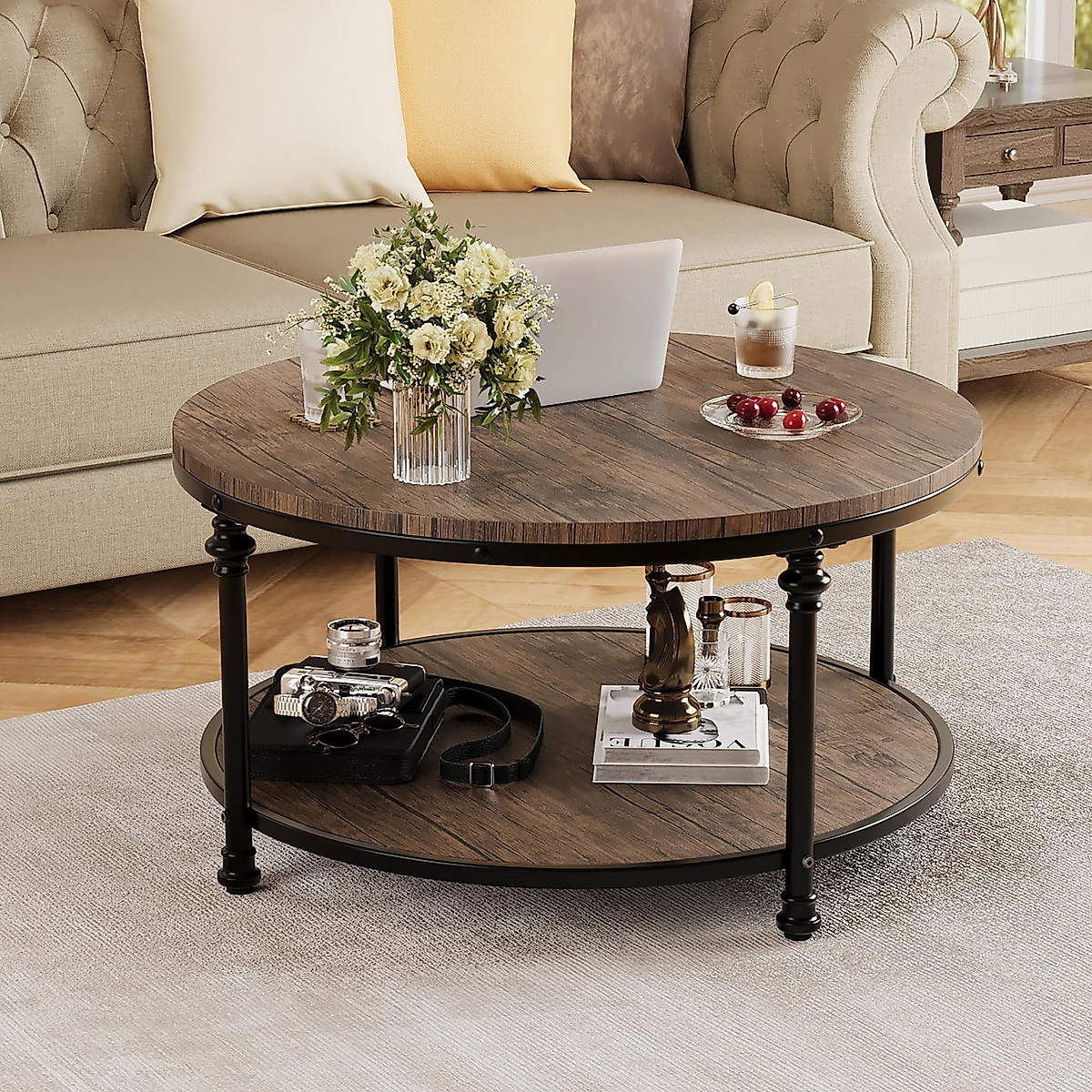 GAOMON Round Coffee Table Living Room 34.25in Rustic Circle Center Table with Storage Shelf 2-Tier Modern Wood Coffee Table Metal Frame, Easy Assembly(Light Walnut)